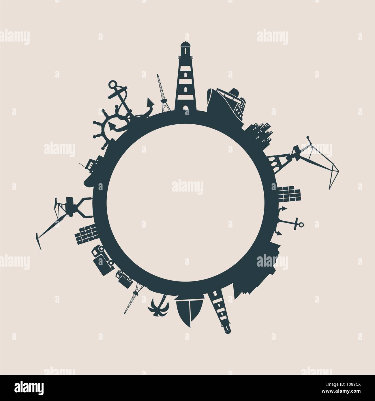 Circle with cargo port and travel relative silhouettes Stock Vector ...