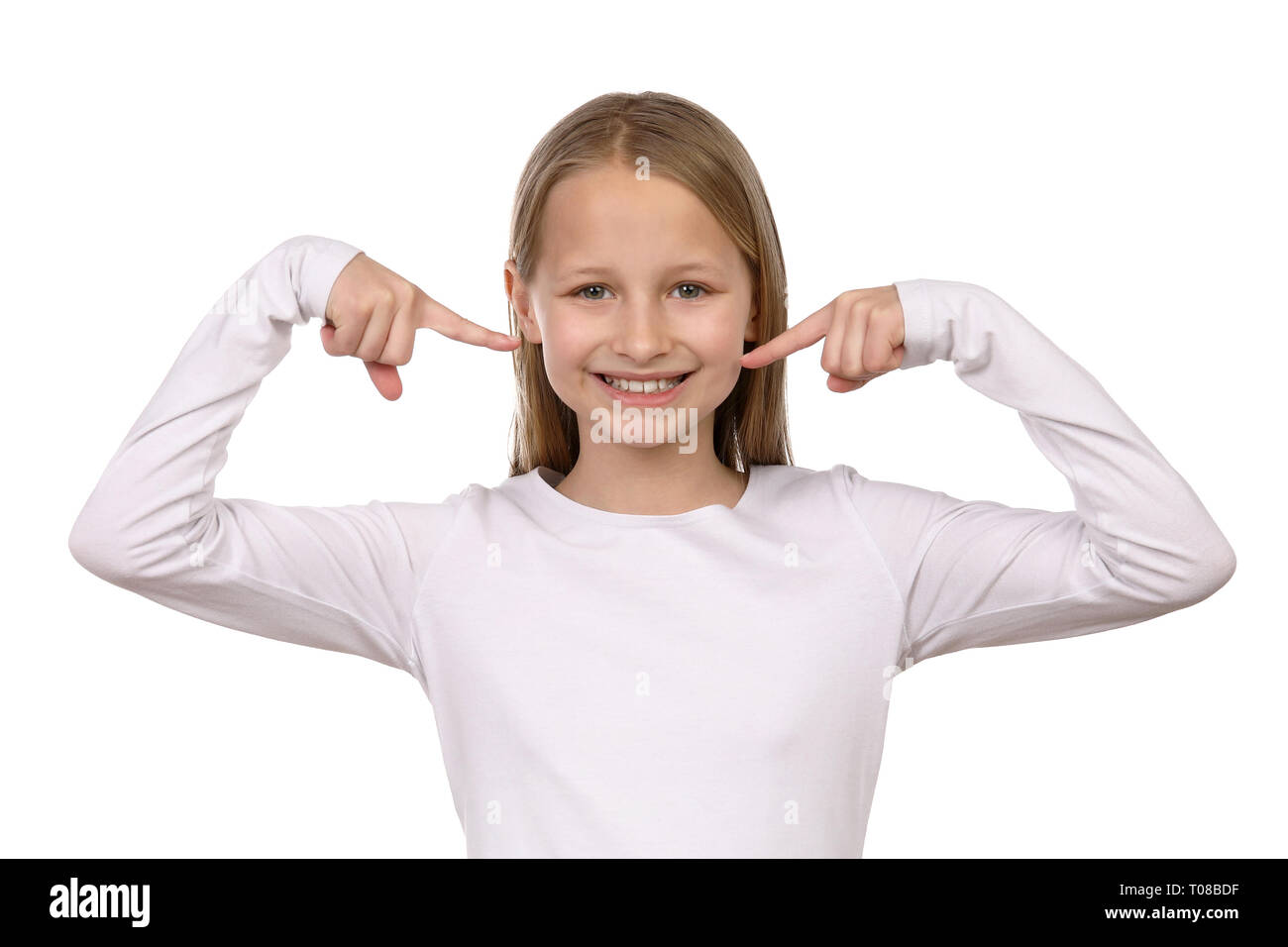 Smiling blond girl shows her white teeth Stock Photo - Alamy
