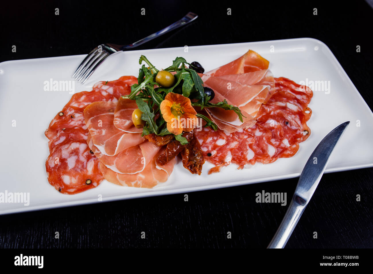 Italian salumi meat platter - prosciutto ham, bresaola, pancetta ...