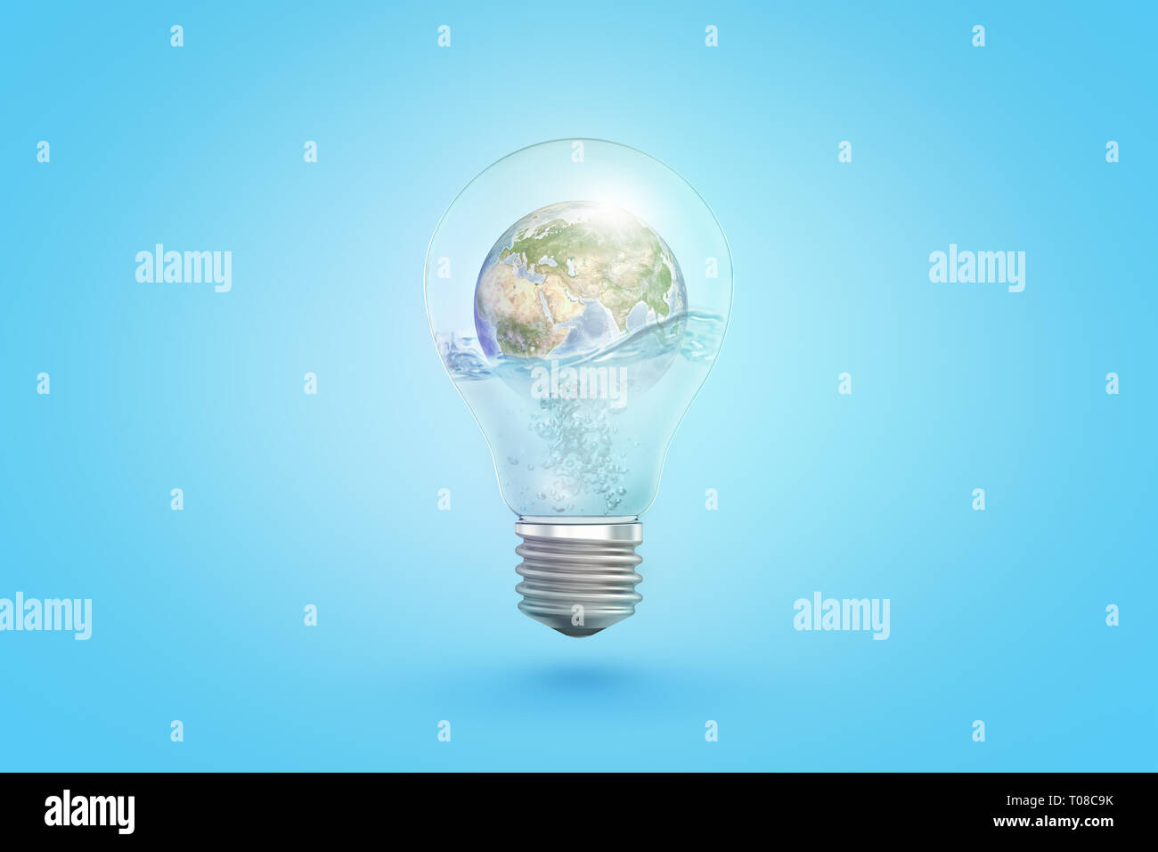 3d rendering of transparent light bulb with earth globe inside on blue ...