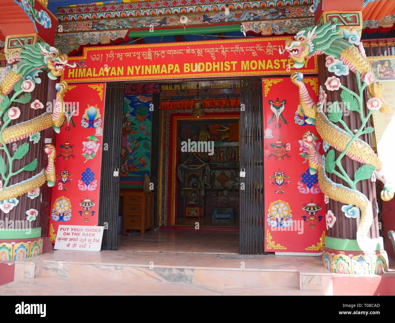 MANALI, HIMACHAL PRADESH, INDIA--MARCH 2018: Close up of the doorway of ...