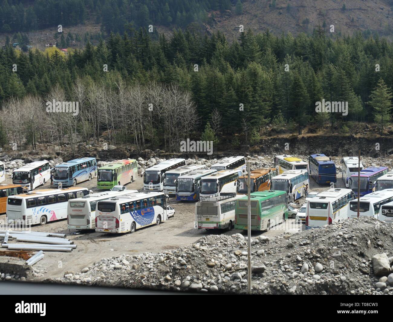 MANALI, HIMACHAL PRADESH, INDIA--MARCH 2018: Public bus station in ...