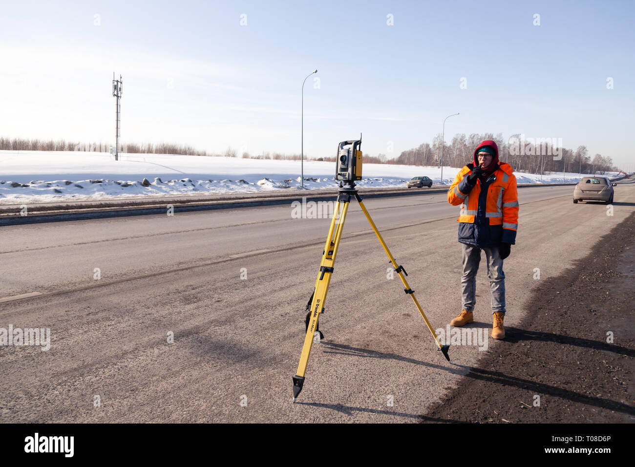 Russia Kemerovo 2019-03-15. Land and construction surveyor equipment ...