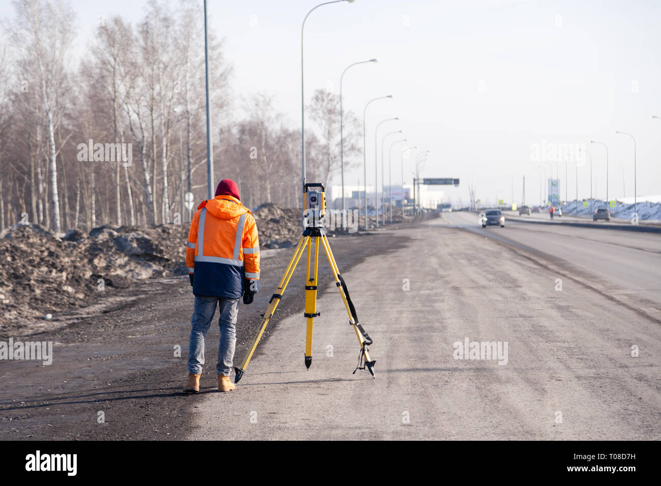 Russia Kemerovo 2019-03-15. Land and construction surveyor equipment ...