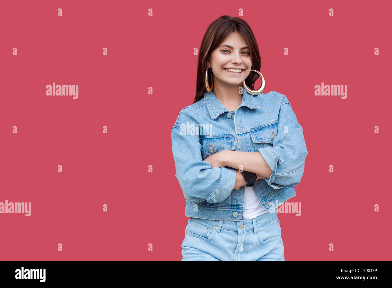 Portrait of happy fancy beautiful brunette young woman with makeup in ...