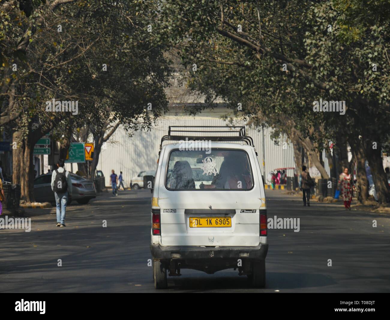 NEW DELHI, INDIA—MARCH 2018: Back view of a vehicle traveling on a road ...
