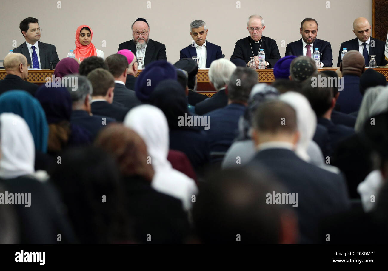(Left to right) James Brokenshire, Arzoo Ahmed, Chief Rabbi Ephraim Mirvis, Mayor of London ...