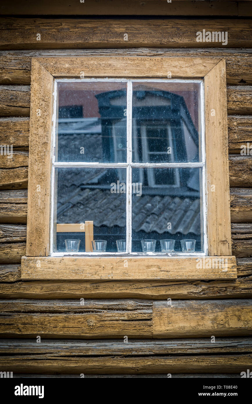 Window with glasses, Damstredet neighbourhood, Oslo, Norway Stock Photo ...