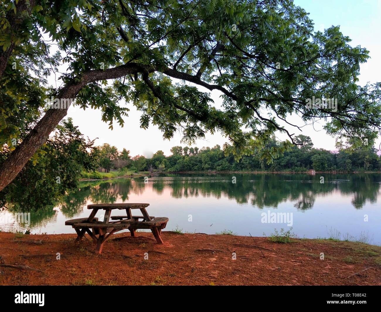 Lakeside scene with a wooden table connected to wooden benches under ...