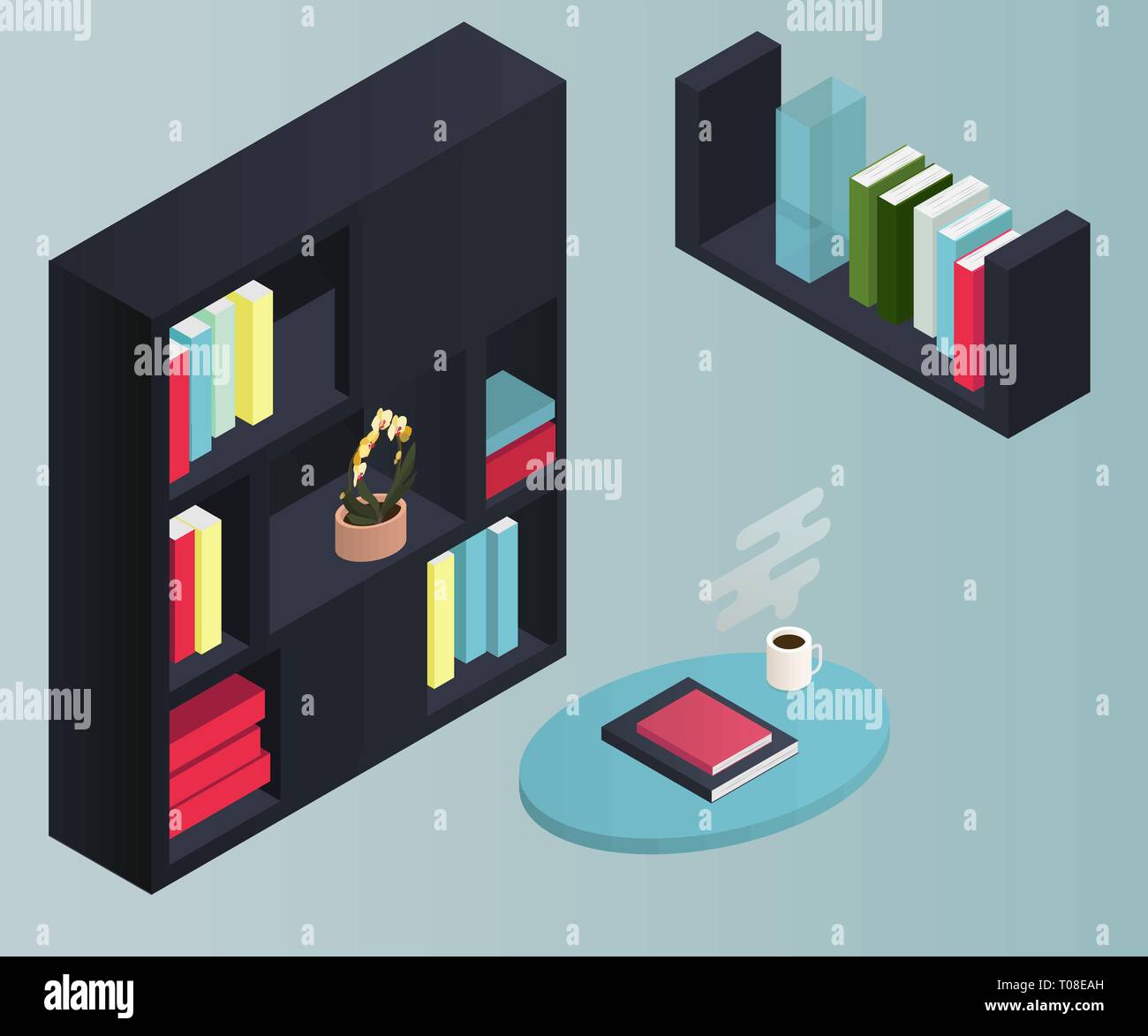 Isometric bookcase isolated on background. 3d shelves filled with books ...