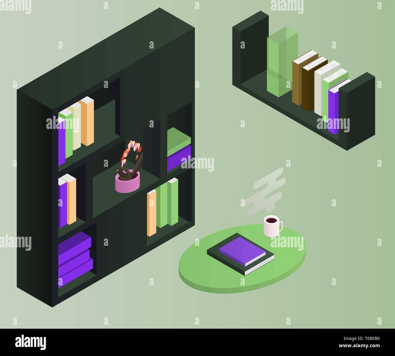 Isometric bookcase isolated on background. 3d shelves filled with books ...