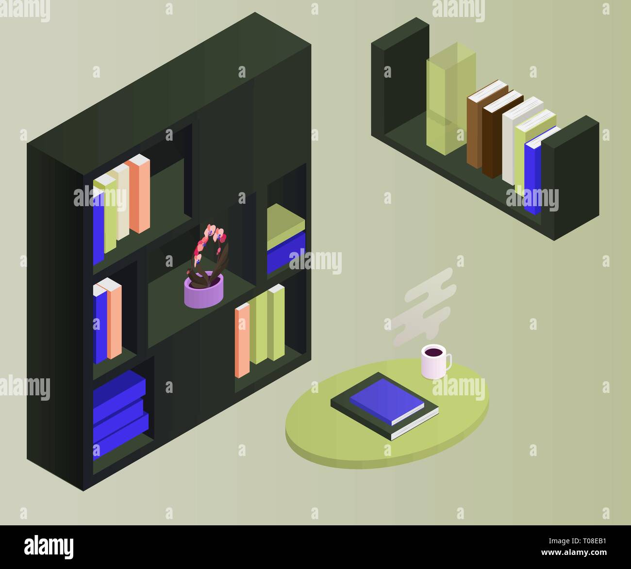 Isometric bookcase isolated on background. 3d shelves filled with books ...