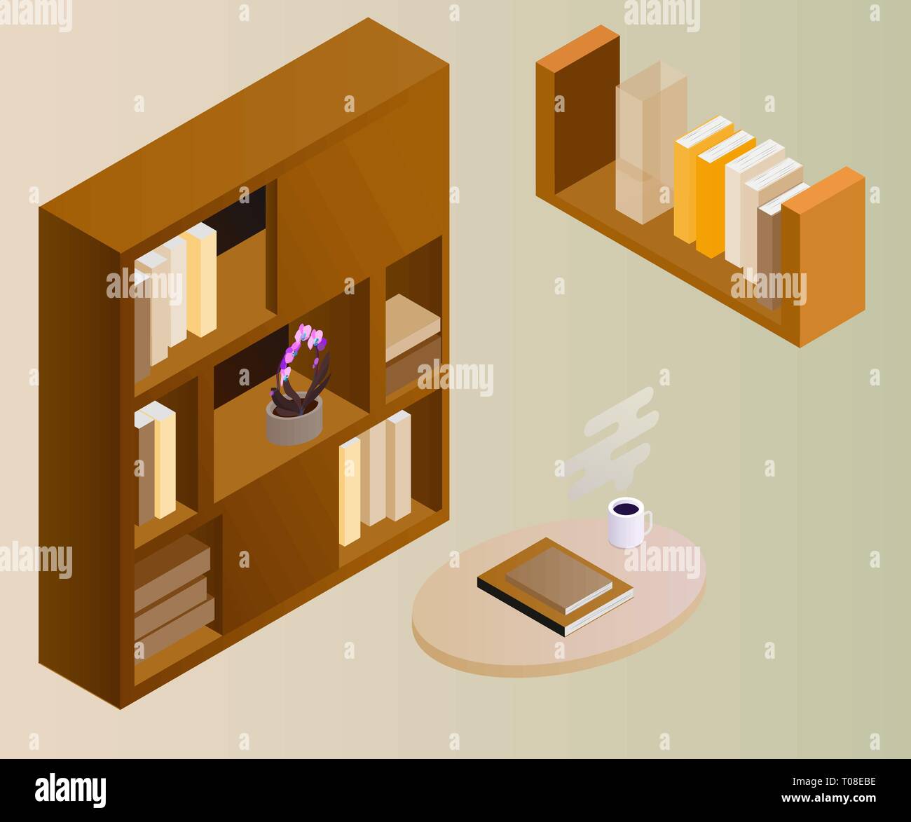 Isometric bookcase isolated on background. 3d shelves filled with books ...