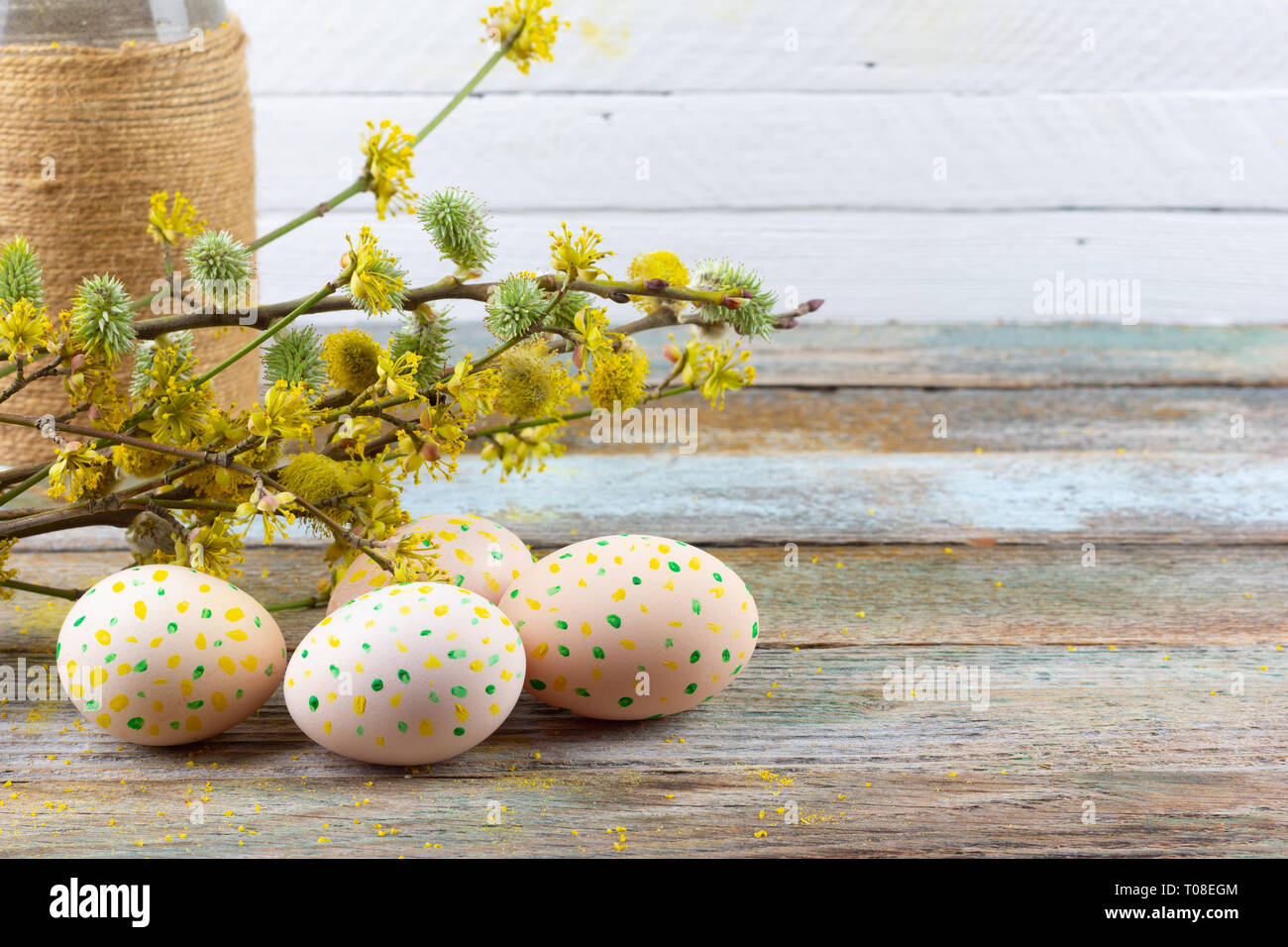 Easter composition of flowering twigs of willow, dogwood and Easter ...