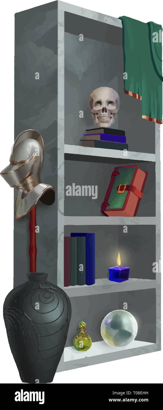 Witch cupboard with accessories, potion bottles, knightly helmet ...