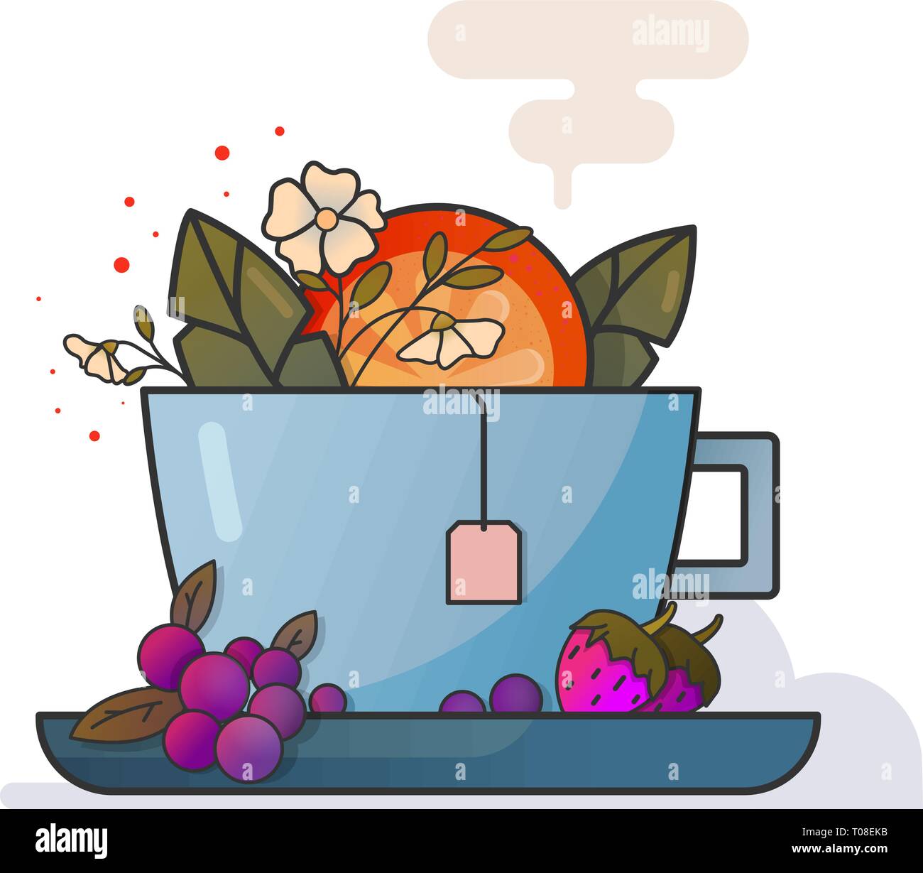 Cup of tea with fruits and flowers vector art illustration on white ...