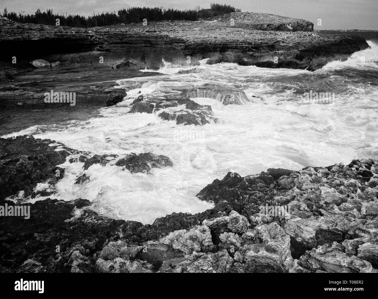 Waves Crashing on Limestone Cliffs,The Queens Baths, Tidal Pools ...