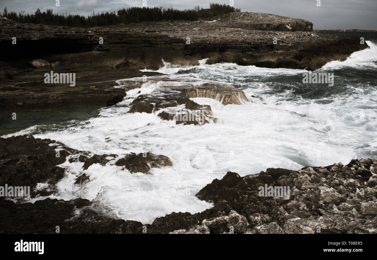 Waves Crashing on Limestone Cliffs,The Queens Baths, Tidal Pools ...