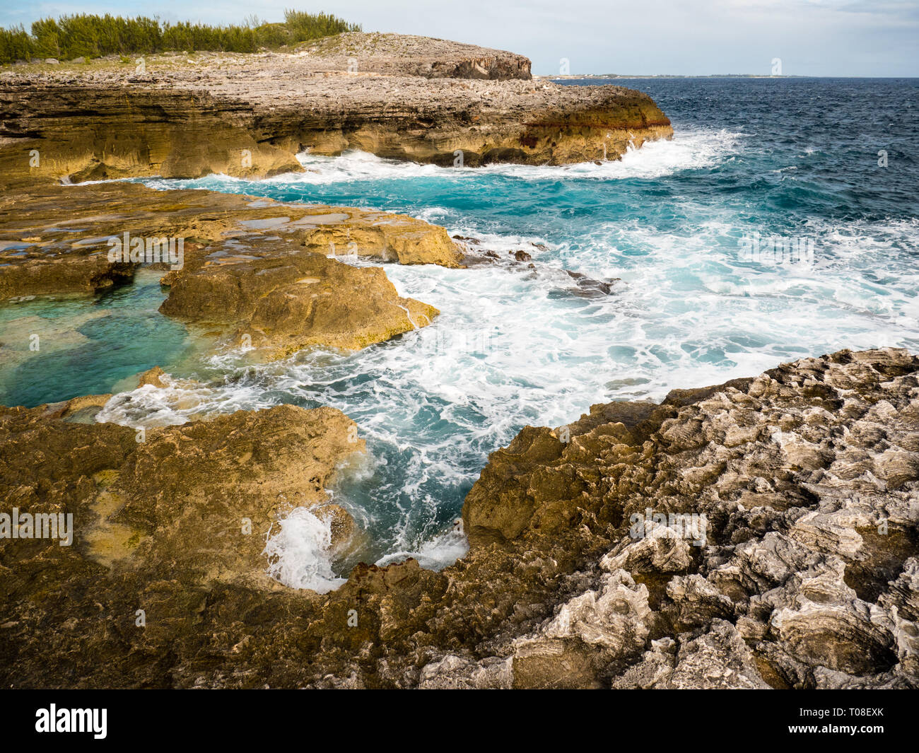 Waves Crashing on Limestone Cliffs,The Queens Baths, Tidal Pools ...