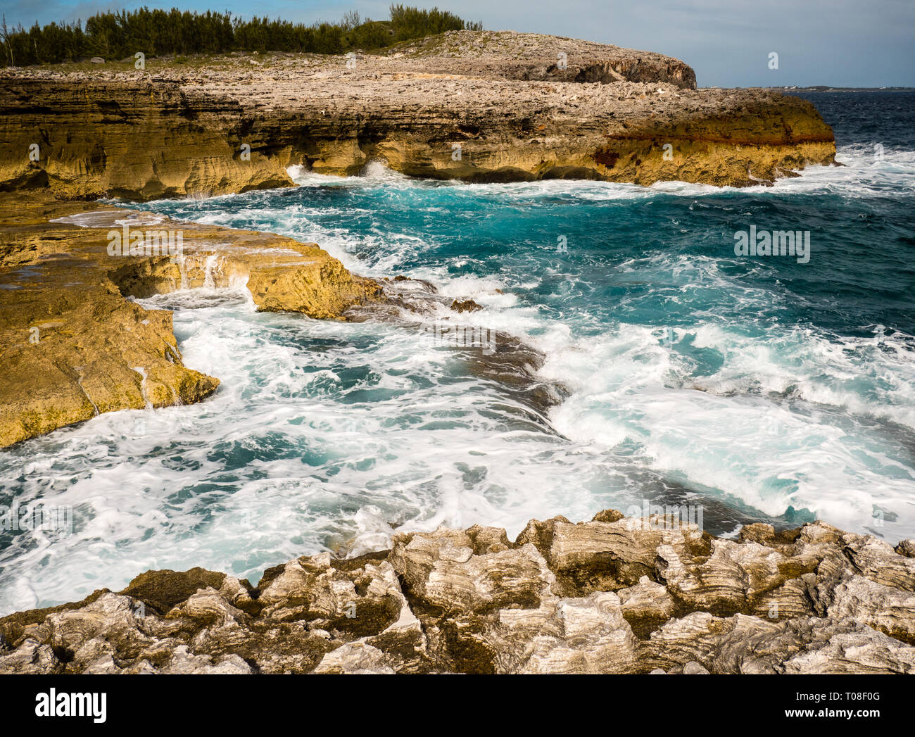 Waves Crashing on Limestone Cliffs,The Queens Baths, Tidal Pools ...