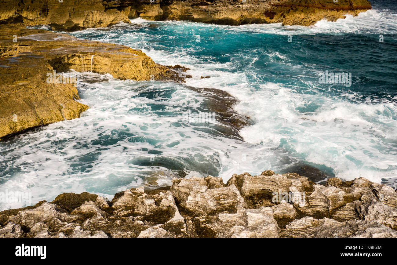 Waves Crashing on Limestone Cliffs,The Queens Baths, Tidal Pools ...