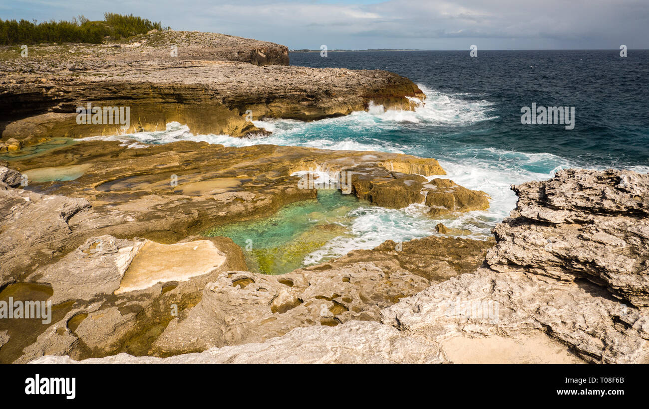 Waves Crashing on Limestone Cliffs,The Queens Baths, Tidal Pools ...