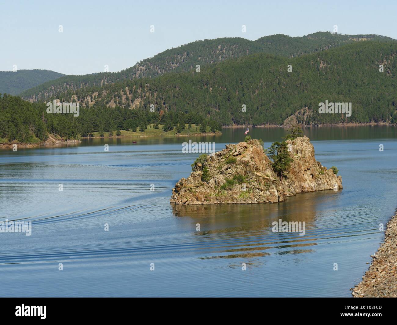 Wide shot of Lake Pactola, the largest reservoir in the Black Hills ...