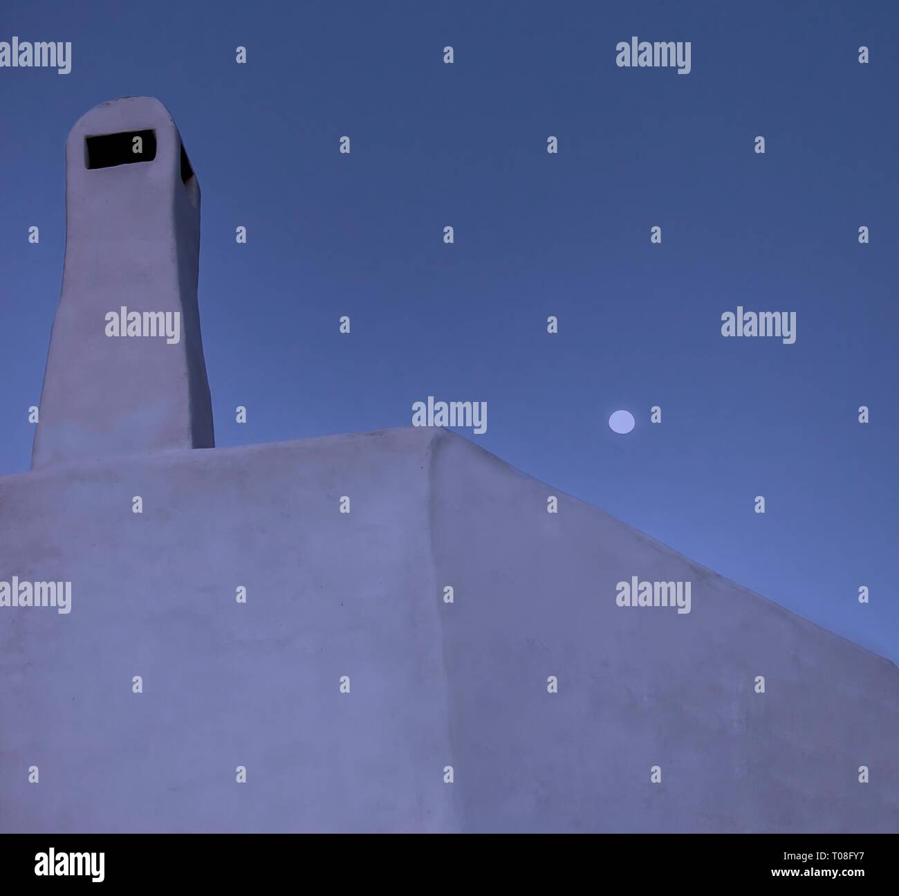 Cycladic Minimal architecture . Roof top chimney with blue hour sky and ...