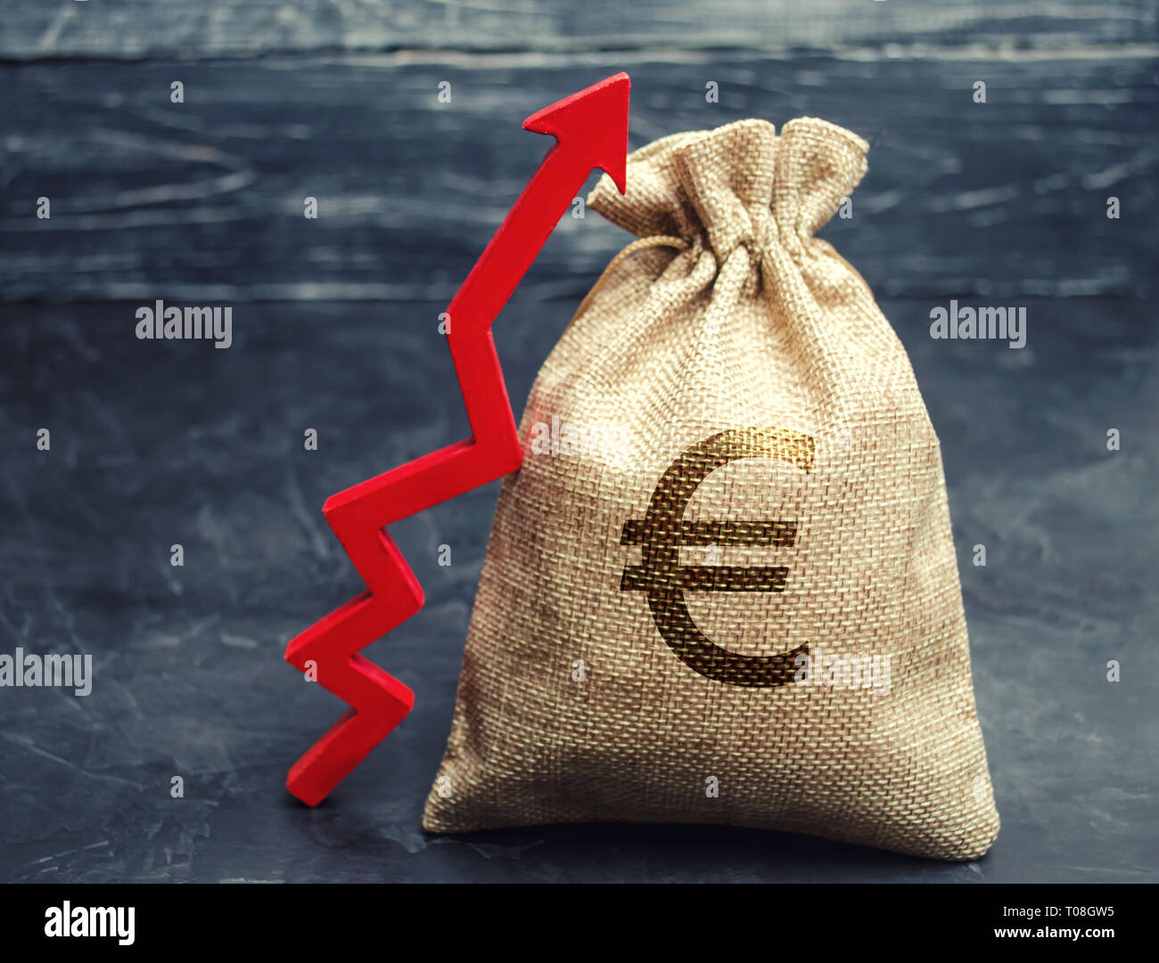 Money bag with a euro sign and a red upward arrow. The concept of ...