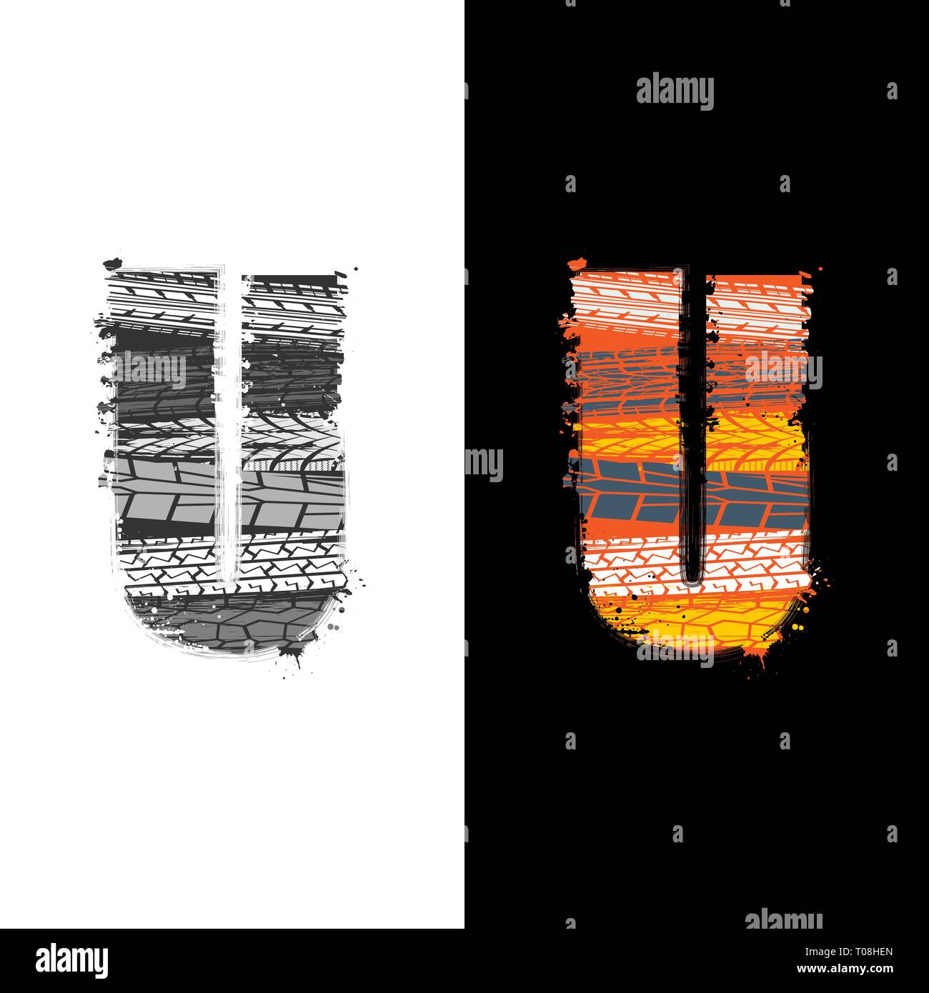 Two grunge letter U with tire tracks isolated on differennt backgrounds ...