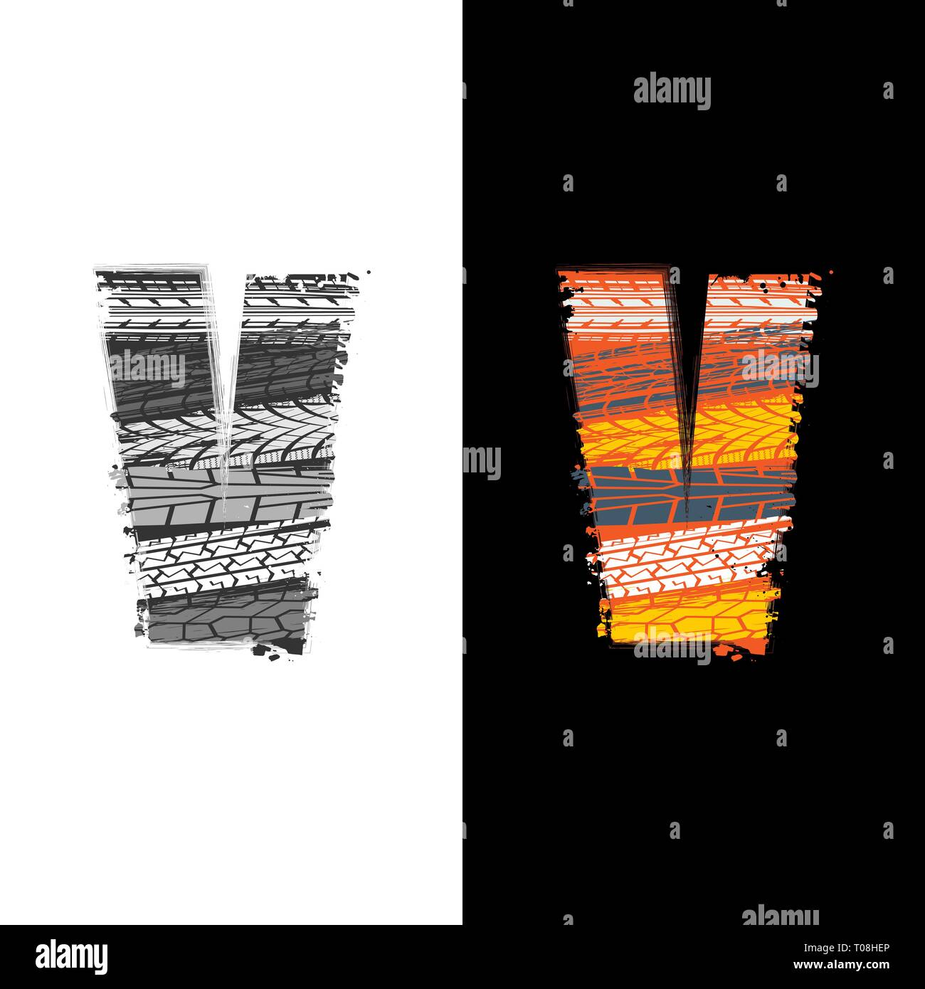 Two grunge letter V with tire tracks isolated on differennt backgrounds ...