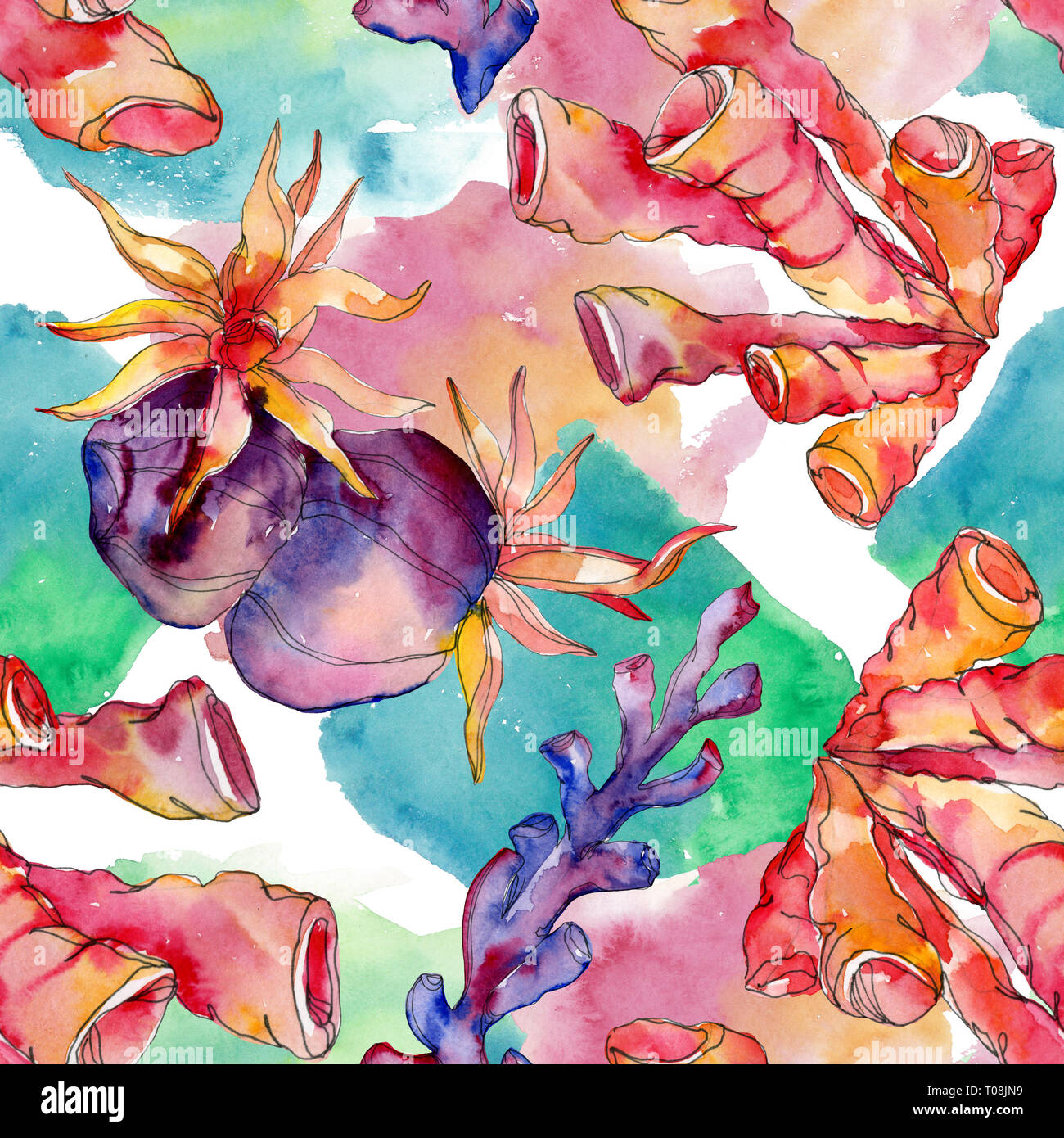 Colorful aquatic underwater nature coral reef. Watercolor background ...