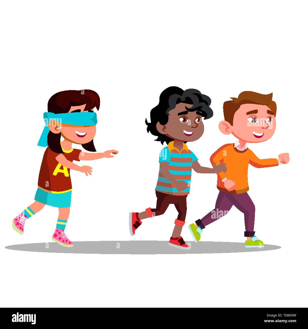 Blindfolded Girl With Arms Outstretched Looking For Friends Running ...