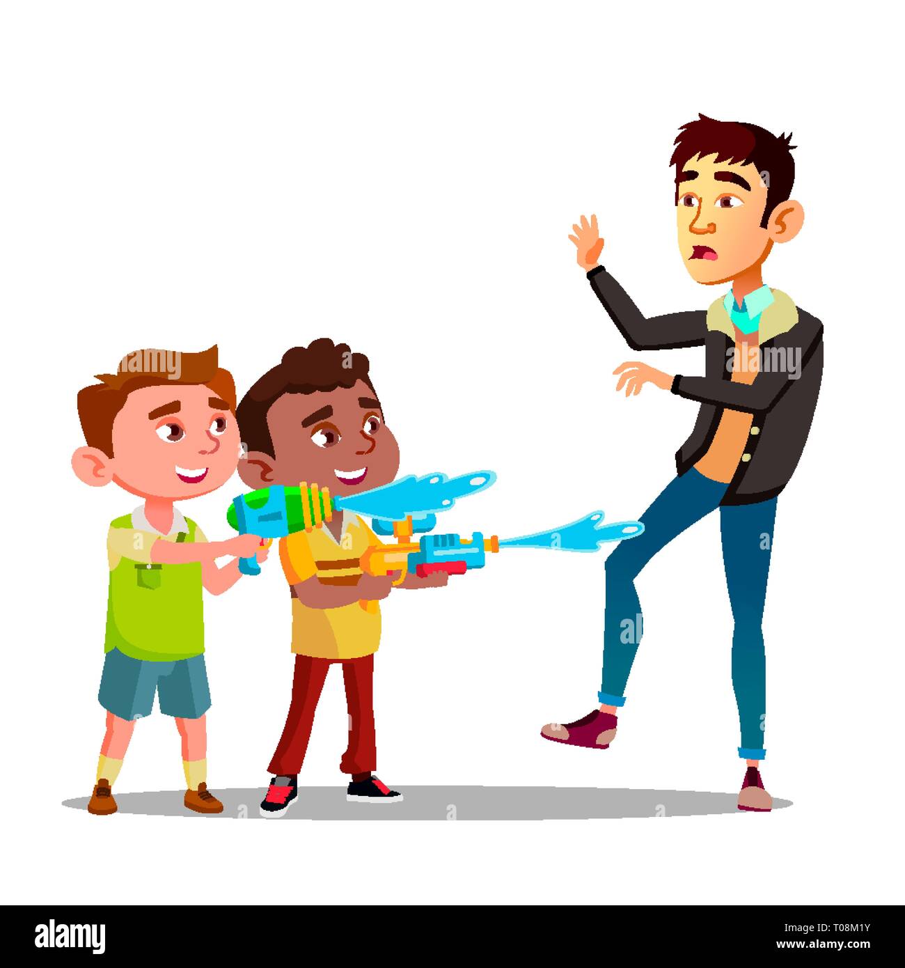 Two Bully Kids Splashing Into Man From Water Pistols Vector Flat ...