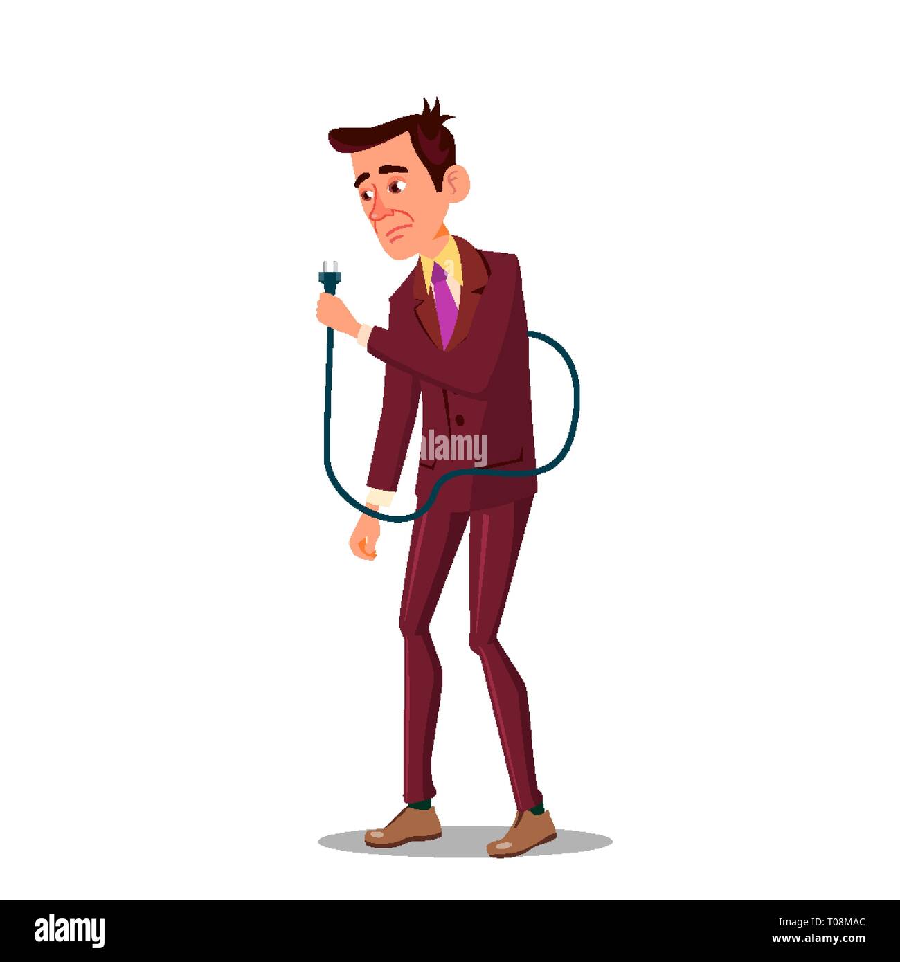 Sad Tired Businessman Holding Power Cord In Hand Vector Flat Cartoon ...