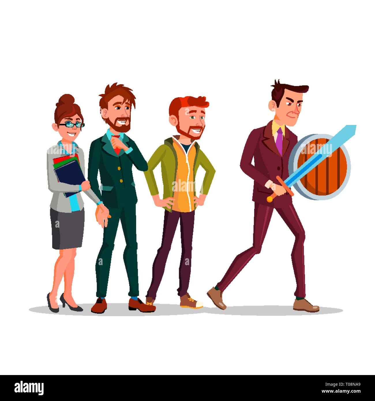 Team Leader. Man With Sword And Shield And His Team Behind Vector Flat ...