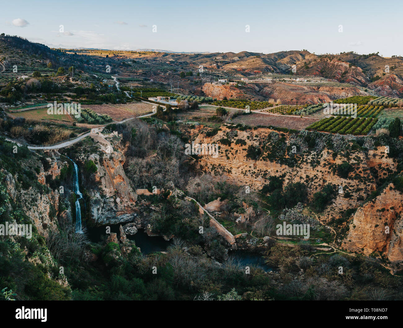 Waterfall panorama view from the town Chella Valencia Spain Canal de ...