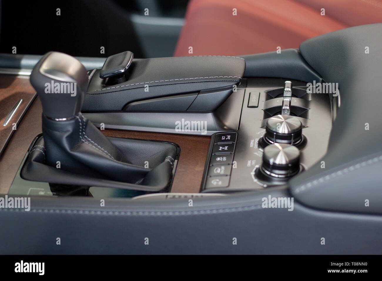 Interior of new modern car. Passenger compartment finish with genuine ...