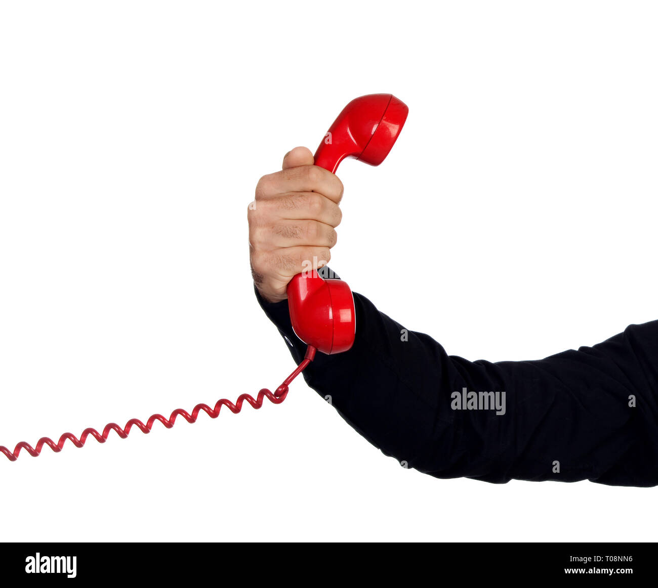 Male hand holding a red phone isolated on a white background Stock ...