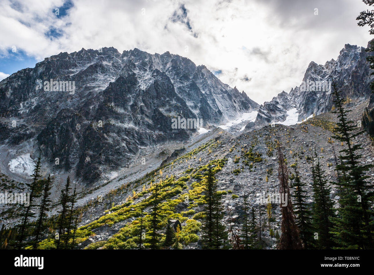 Dragontail Peak and the boulder / talus field above Colchuck Lake ...