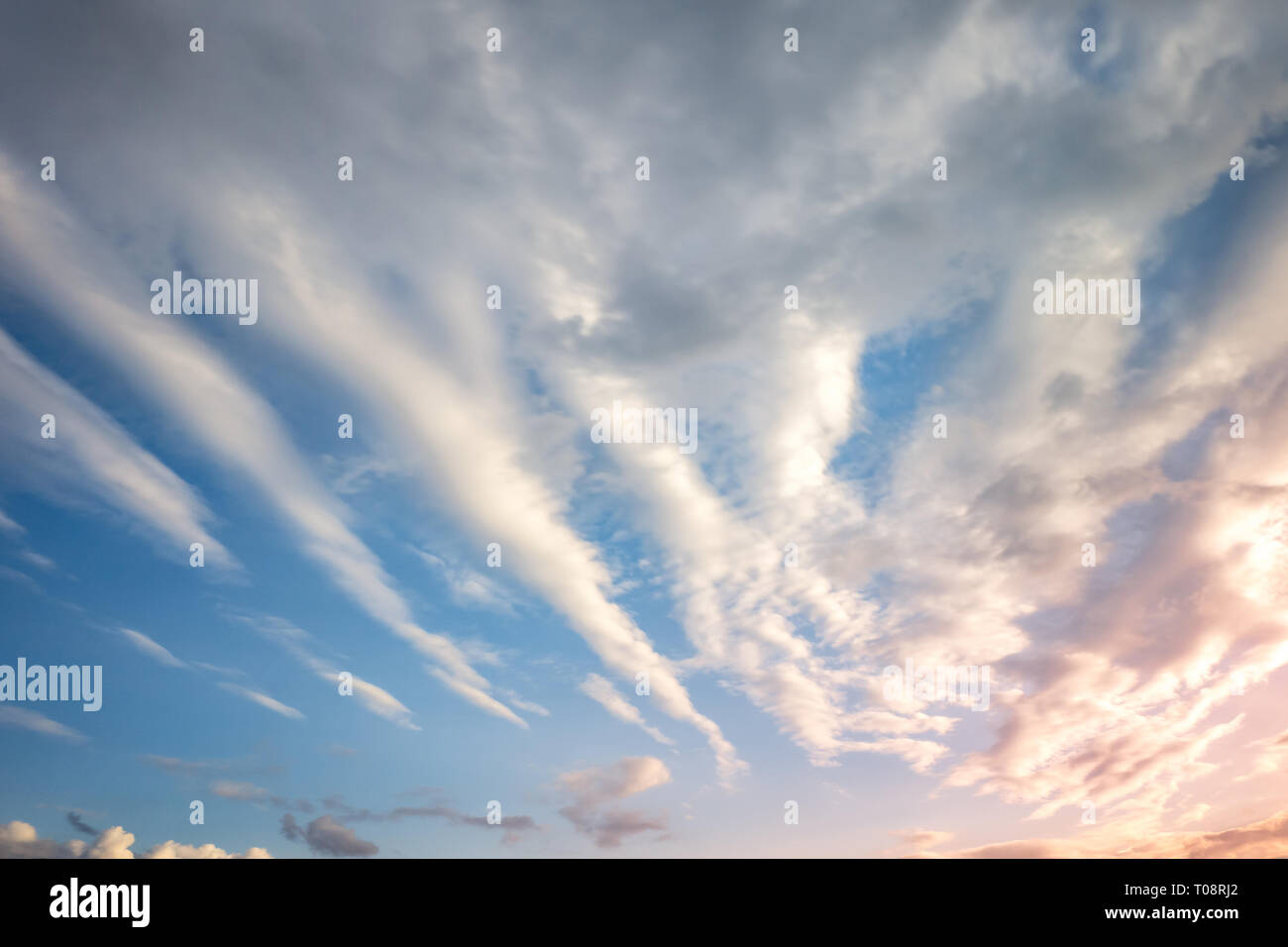 Blue sky background with tiny curly striped clouds in the evening ...