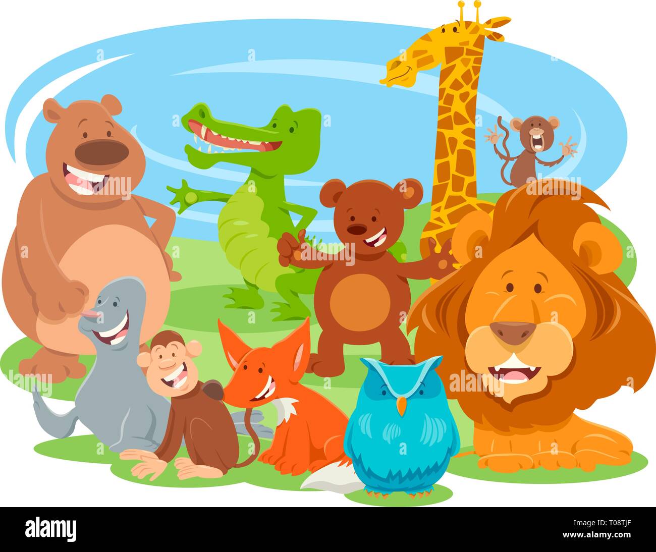 Cartoon Illustration of Happy Wild Animal Comic Characters Group Stock ...