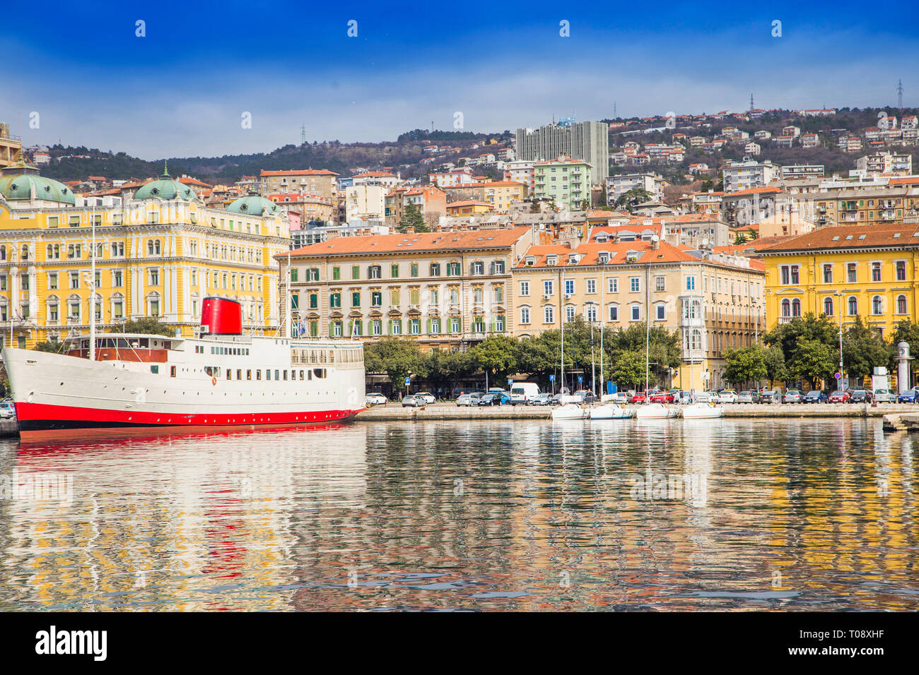 Croatia, City center of Rijeka, waterfront, boats and architecture ...