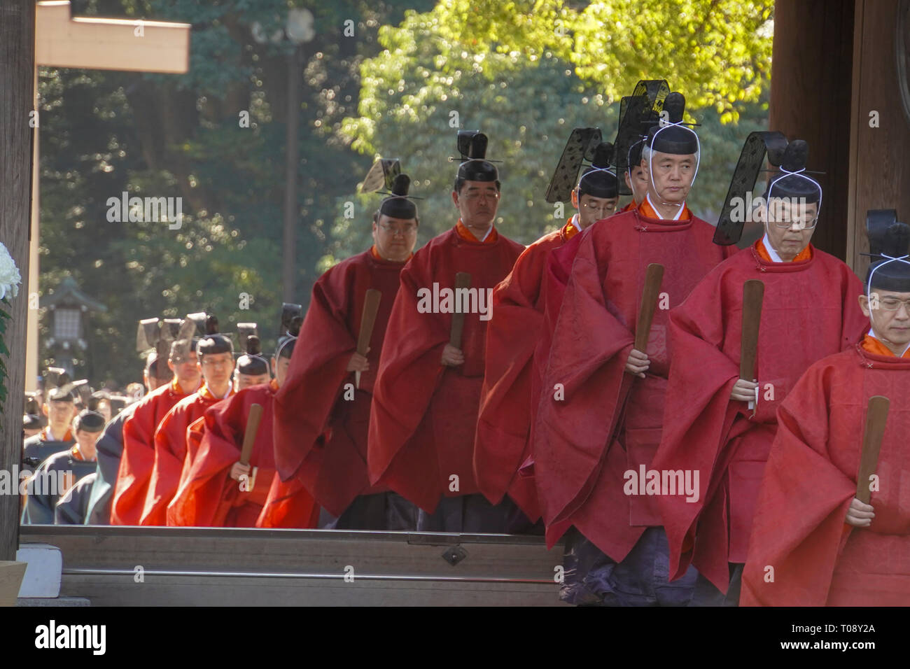 Priests in a procession at Meiji Shrine located in Shibuya, Tokyo ...