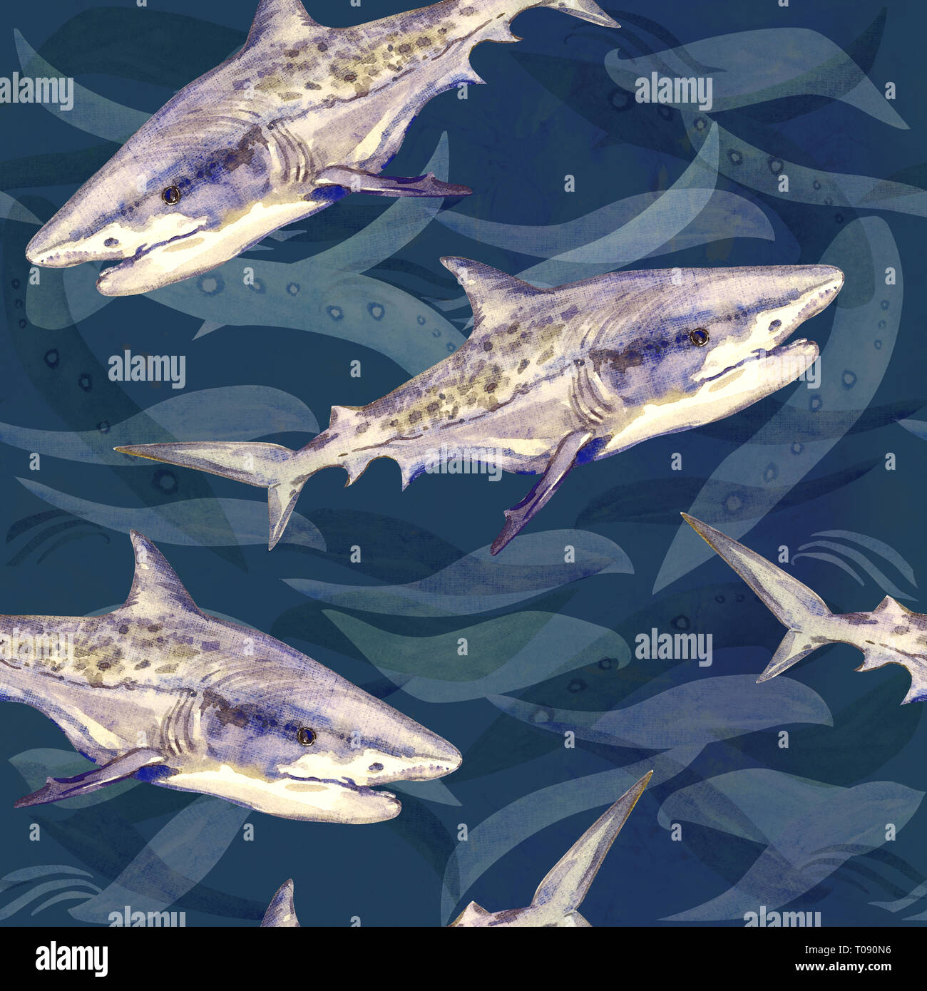 Tiger shark, hand painted watercolor illustration, seamless pattern on ...