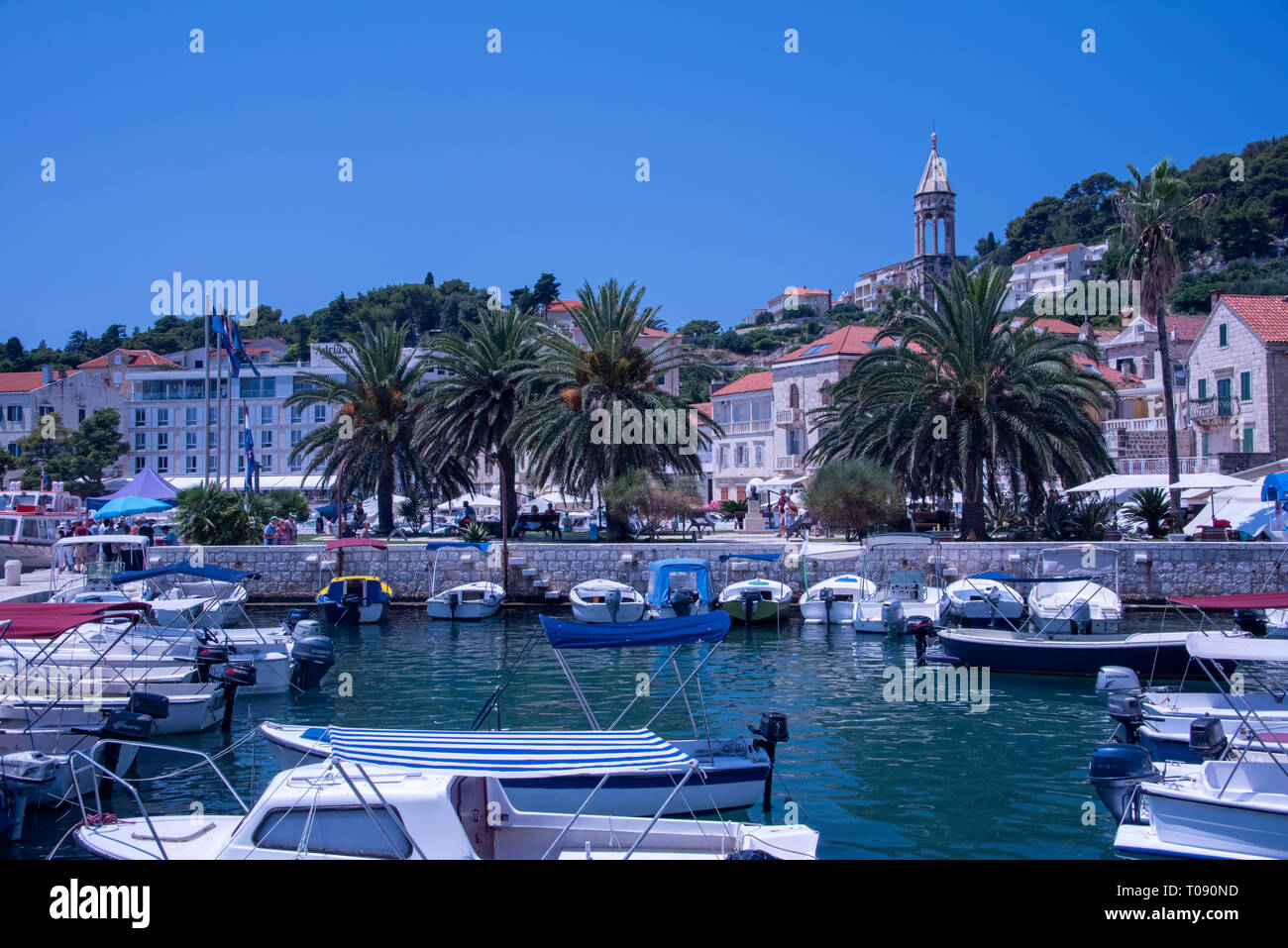 Croatia, Hvar - June 2018: View of Hvar Old town port & marina Stock ...