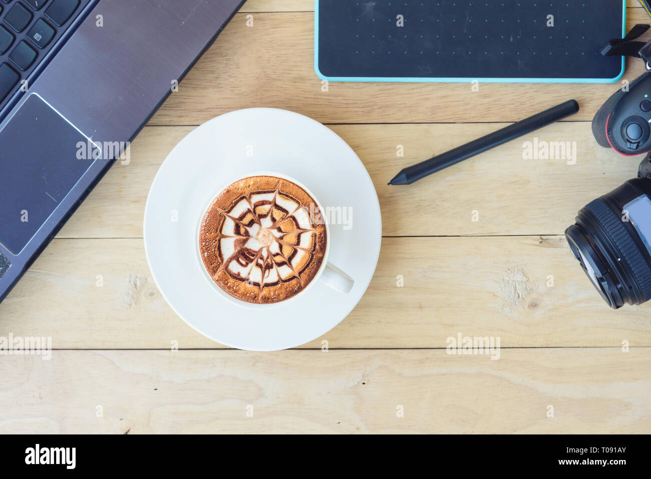 computer graphic and camera device with hot cappuccino coffee Stock ...