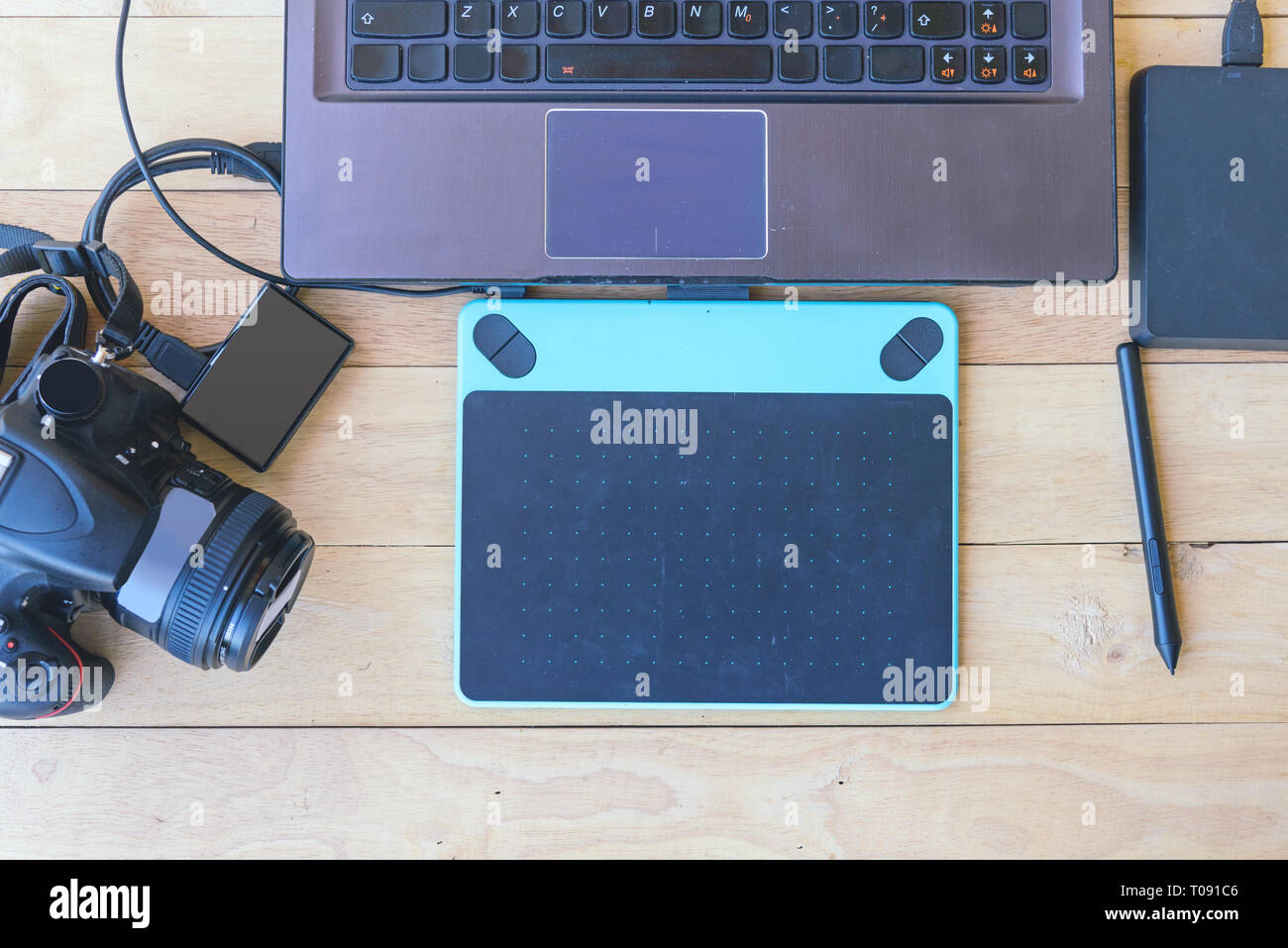top view of computer graphic and camera device Stock Photo - Alamy