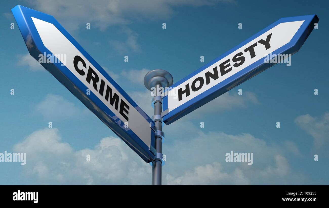 Crime - Honesty street signs - 3D rendering illustration Stock Photo ...