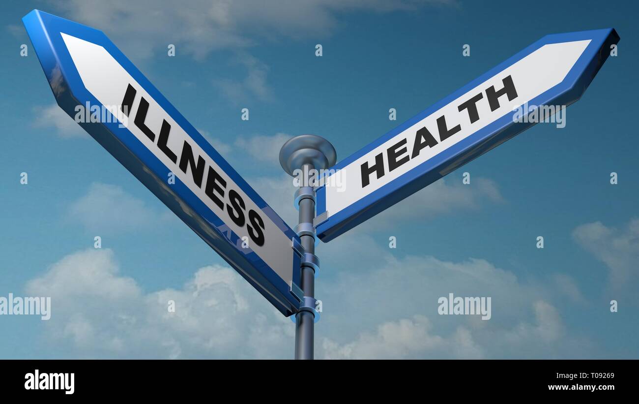 Illness - Health arrow street signs - 3D rendering illustration Stock ...